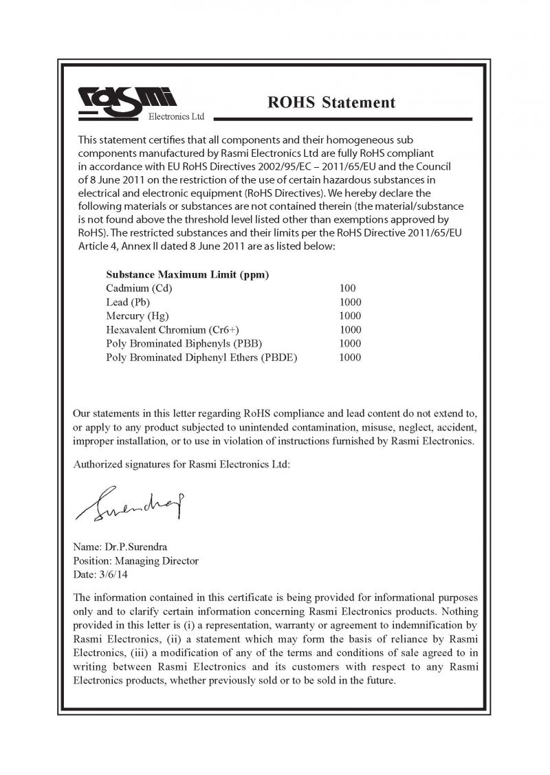 ROHS Statement – Rasmi Electronics Ltd